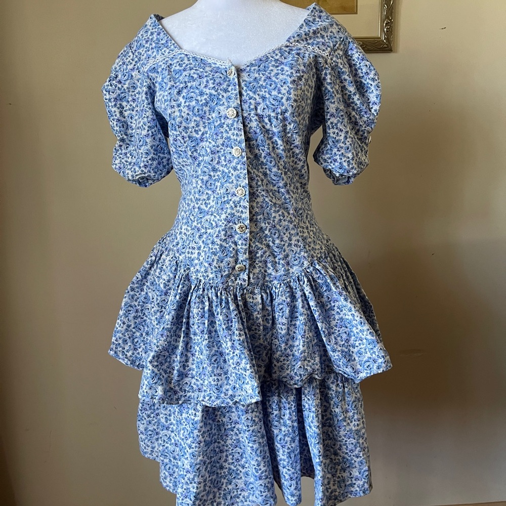 Vintage 80s Blue Puff Sleeve Mini Ruffle Dress - Gem